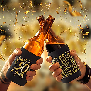 Happy 50th Birthday Decorations for Men Women, 50th Birthday Party Supplies, Vintage 1974- Fifty Birthday Party Beverage Can Cooler Sleeves, 12-Pack, Black & Gold