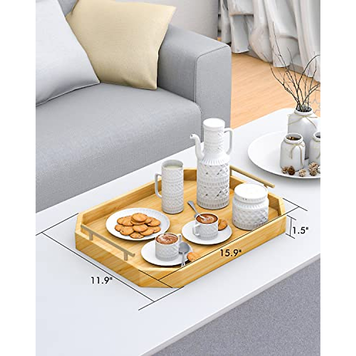 Dormmi Wooden Tray, Serving Tray with Handles 16 inch Rhombus Solid Wood Trays for Serving Breakfast in Bed, Lunch, Dinner, Appetizers, Patio, Ottoman, Coffee Table, BBQ, Party