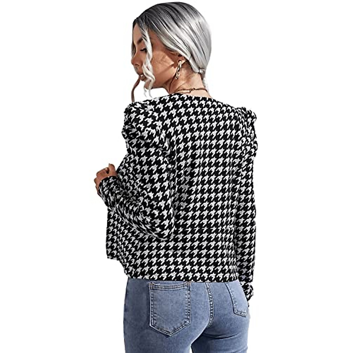SweatyRocks Women's Casual Houndstooth Blazer Long Puff Sleeve Open Front Jacket Black White M