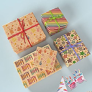 ZINTBIAL Kraft Birthday Wrapping Paper for Kids Adults - Brown Gift Wrap with Cakes, Rainbow Stripes, Stars, and "Happy Birthday" Design - 20 x 29 Inches per Sheet (8 Sheets 33 sq. ft.) Recyclable, Easy to Store, Not Rolled