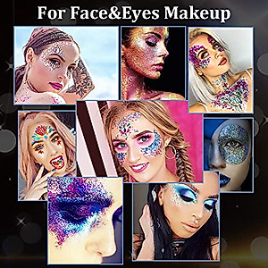 Holographic Chunky Glitter 50g Silver+8g*4 Body Glitter with Multi-Shapes Gold+Magic Purple+Red+Green Sparkle Glitter for Body Face Eye Hair Makeup Glitter for Resin Project+Quick Dry Makeup Glue