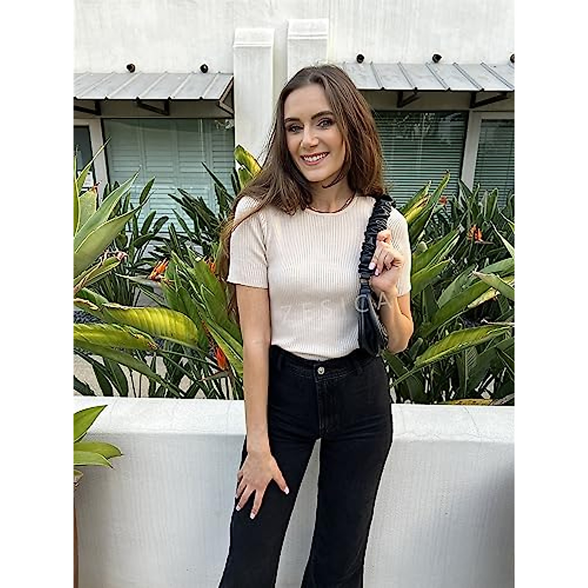 ZESICA Women's Short Sleeve Crewneck Ribbed Knit Slim Fit T Shirt 2023 Summer Casual Solid Color Tee Tops,Almond,Small