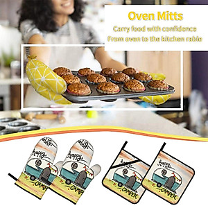 Happy Camper Oven Mitts and Pot Holders Sets of 4,Resistant Hot Pads with Polyester Non-Slip BBQ Gloves for Kitchen,Cooking,Baking,Grilling