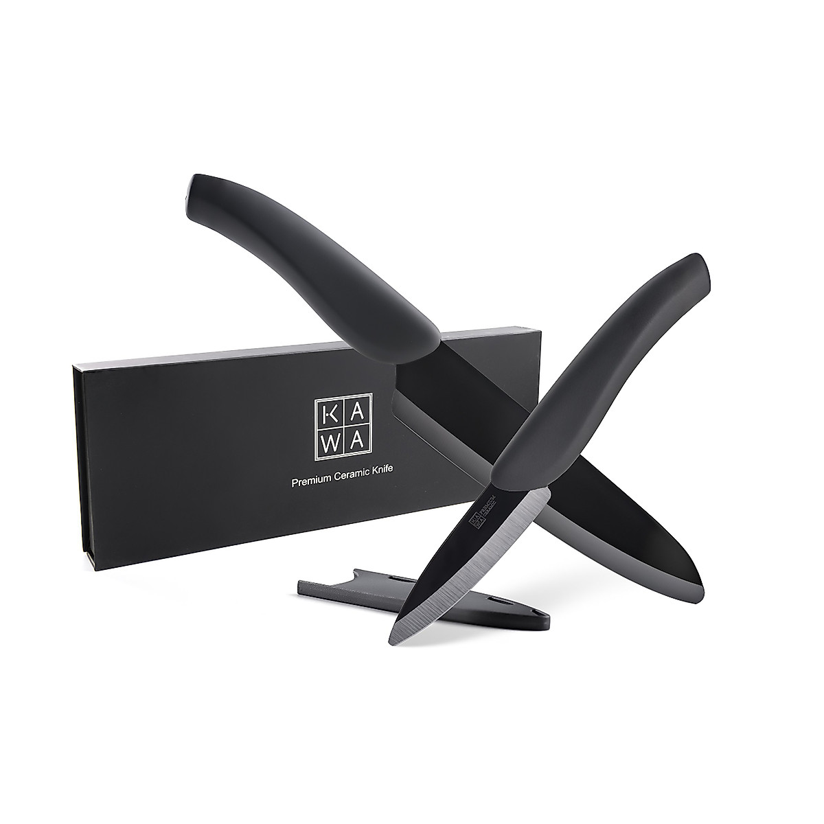 KAWA 2 Piece Premium Ceramic Knife Gift Set with Sheaths, 6-Inch Santoku and 3-Inch Paring Knife, Black Blade Mirror Finish