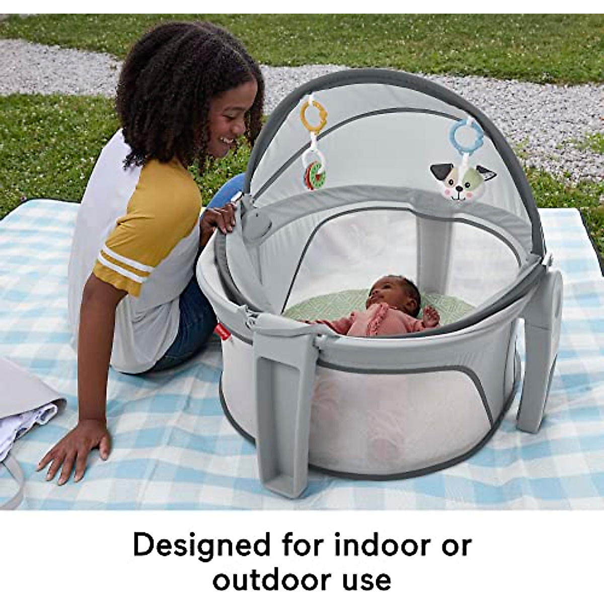 Fisher-Price Portable Bassinet And Play Space On-The-Go Baby Dome With 2 Toys And Canopy, Puppy Perfection