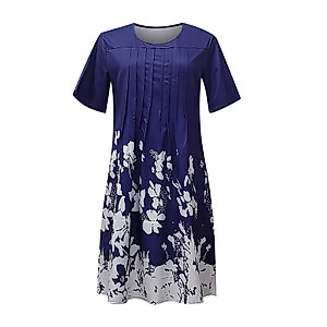 Women Plum Print Tshirt Dress Short Sleeve Casual Holiday Dress Smocked Tunic Dresses Vintage Spring Outfits