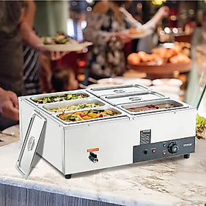 VEVOR 6-Pan Commercial Food Warmer, 6 x 8QT Electric Steam Table, 1500W Professional Countertop Stainless Steel Buffet Bain Marie with 86-185°F Temp Control for Catering and Restaurants,