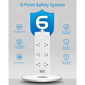 15 FT Extension Cord Surge Protector Power Strip 6 Super Wide Spaced Outlets, NTONPOWER Flat Plug Surge Protector Wall Mount with 3 USB, 1875W, 15A, 1700 Joules, Overload Protection for Home Office