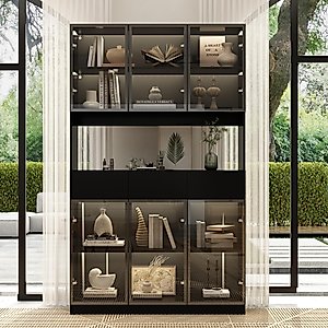 Hitow Glass Door Cabinet with Lights and 8 Storage Shelves, Tall Modern Display Storage Organizer with Hutch, 2 Drawers and 2 Doors, Wooden Bookcase Bookshelf for Living Room, Home Office, Black