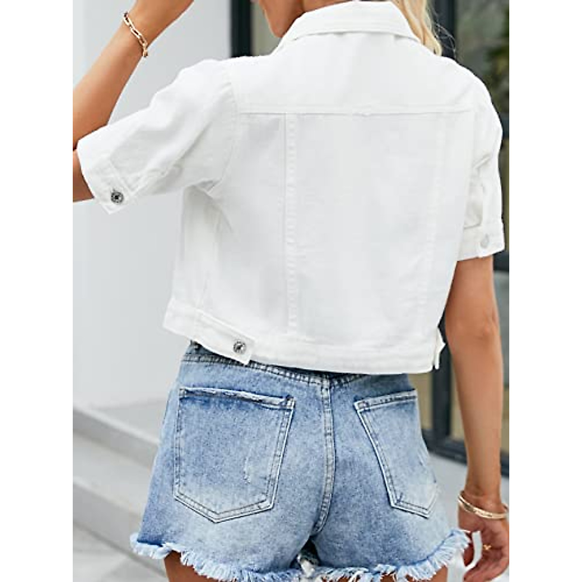 Ladyful Womens Cropped Denim Jacket Short Sleeve Button Down Casual Distressed Jean Jacket Outerwear