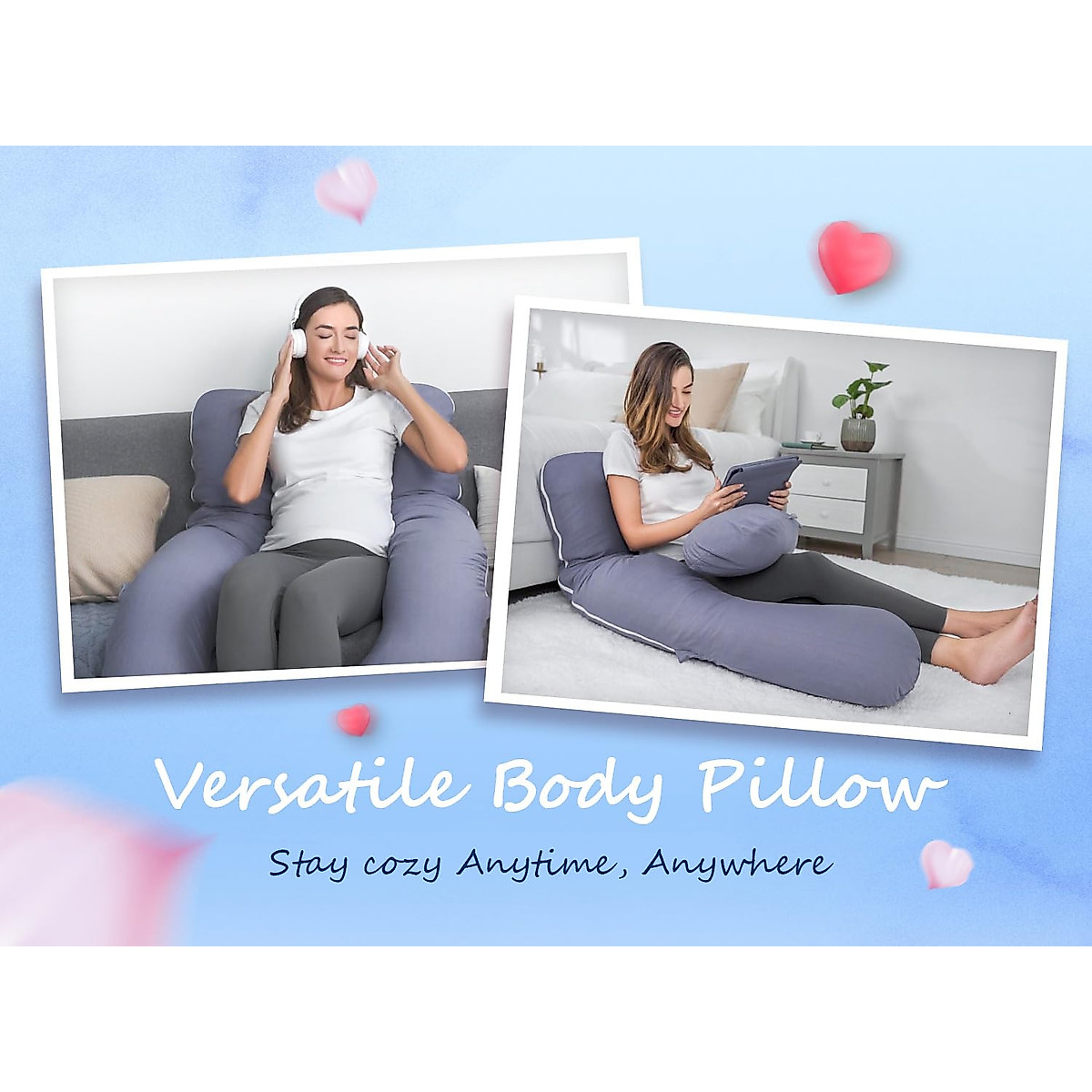 QUEEN ROSE Pregnancy Pillows, Cooling U Shaped Body Pillow for Sleeping, Maternity Pillow for Pregnant Women, Organic Cotton and Back Pain Relief, Grey