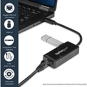 StarTech.com USB 3.0 Ethernet Adapter - USB 3.0 Network Adapter NIC with USB Port - USB to RJ45 - USB Passthrough (USB31000SPTB), Black, 0.7" x 1.4" x 5" x 5"