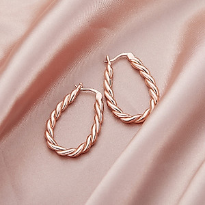 Rose Gold Plated Chucky Hoop Earrings for Women 925 Sterling Silver Post Oval Twist Earrings Hypoallergenic Lightweight Hoop Earrings Jewelry Gifts