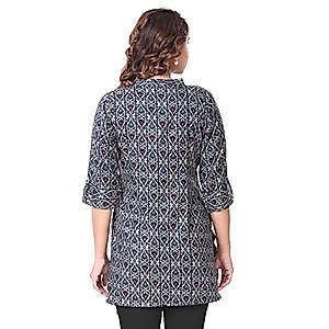 ladyline Womens Cotton Rayon Printed Tunic Top 3/4 Roll-Up Sleeves Button Neck Short Kurti Kurta (XL/Blue/44)