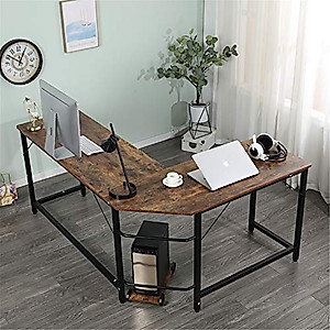 XICA L Shaped Computer Desk with Computer Case Stand for Home and Office (Dark Wood)