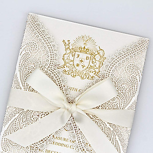 Picky Bride 25-Pack Ivory Laser Cut Lace Wedding Invitations Wraps with Shimmer Insert and Ribbon Bow, Elegant Invite Cards for Wedding/Bridal Shower/Birthday Party, 125 x 185mm (25 Invitations)