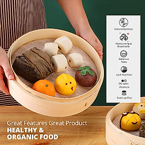 KITCHENCRUST Bamboo Steamer Basket for Chinese Asian Cuisine - 2 Tier 10-Inch Steaming Basket Bun Vegetable Steamer, Dumpling Steamer bamboo steam basket, Sauce Dish, Chopsticks, Reusable Liners, Ring