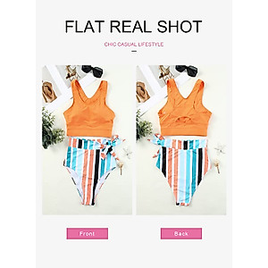 Dokotoo High Waisted Bikini Sets for Women 2024 Beach Scoop Neck Sleeveless Racerback Striped Print Trendy Swimsuit Sexy High Cut Tummy Control Bathing Suit Orange Large