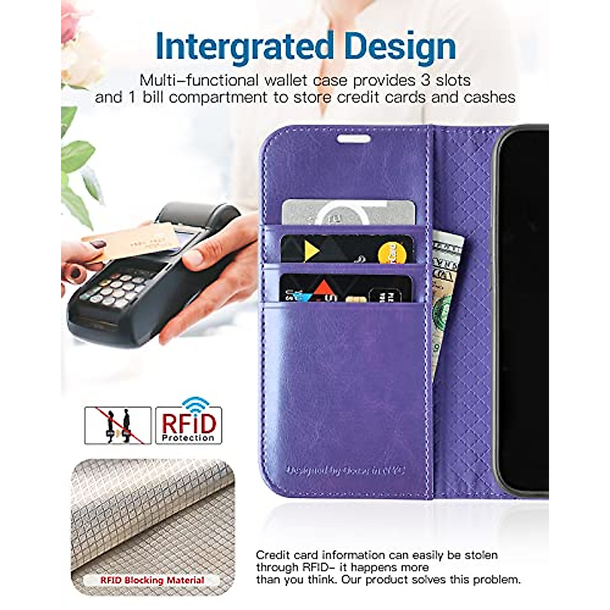 OCASE Compatible with iPhone 13 Wallet Case, PU Leather Flip Folio Case with Card Holders RFID Blocking Kickstand [Shockproof TPU Inner Shell] Phone Cover 6.1 Inch 2021 (Purple)