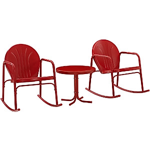 Crosley Furniture Griffith 3-Piece Outdoor Rocking Chair and Side Table Set, Retro Metal Bistro Patio Sets, Bright Red Gloss