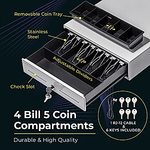 13" Cash Register Drawer for Point of Sale (POS) System with 4 Bill 5 Coin Cash Tray, Removable Coin Compartment, 24V, RJ11/RJ12 Key-Lock, Media Slot, White - for Stores, Shops, and Businesses