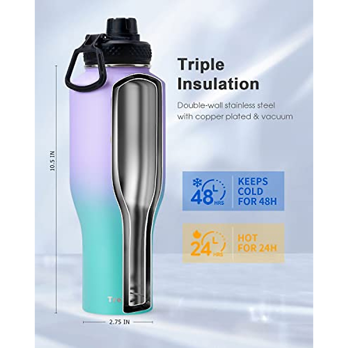 Trebo 40oz Insulated Water Bottle that Fits in Cup Holder, Stainless Steel Double Wall Tumbler Bottles with Paracord Handle, Flask with Straw Spout Lids, Keep Cold for 48 Hrs/Hot 24 Hrs,Cotton Candy
