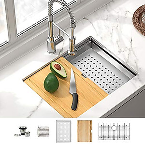 KORVOS Workstation Undermount 16 Gauge Single Bowl Bar Kitchen Sink with Bamboo Cutting Board and Accessories, 24 Inch, Stainless Steel