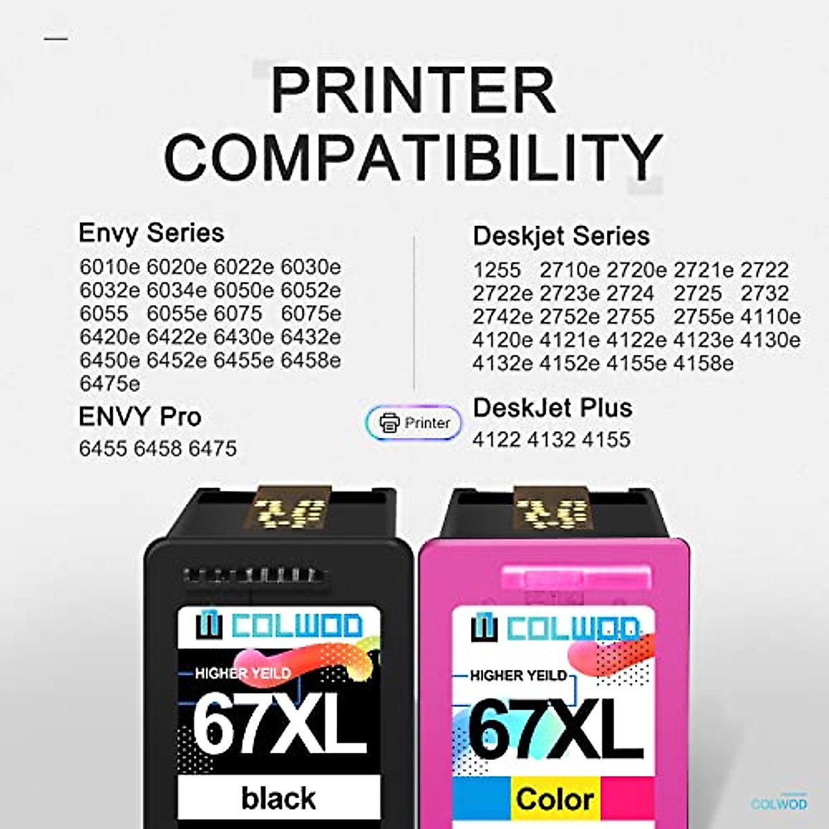 COLWOD Remanufactured 67 XL Ink Cartridge Replacement for HP 67XL Combo Pack for Hp Deskjet 4155e 2755e 2732 DeskJet Plus 4140 4155 4158 Envy 6052 6075 6058 Printer (1 Black, 1 Tri-Color)