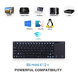 Rii K12+ Mini Wireless Keyboard with Large Touchpad Mouse&Qwerty Keypad, Stainless Steel Portable Wireless Keyboard with USB Receiver for MacBook/iPad/Tablet/PC/Laptop/Smart TV/Raspberry Pi - Black