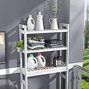 Homykic Over The Toilet Storage, Bamboo 3-Tier Over-The-Toilet Space Saver Organizer Rack, Stable Freestanding Above Toilet Stand with 3 Hooks for Bathroom, Restroom, Laundry, White