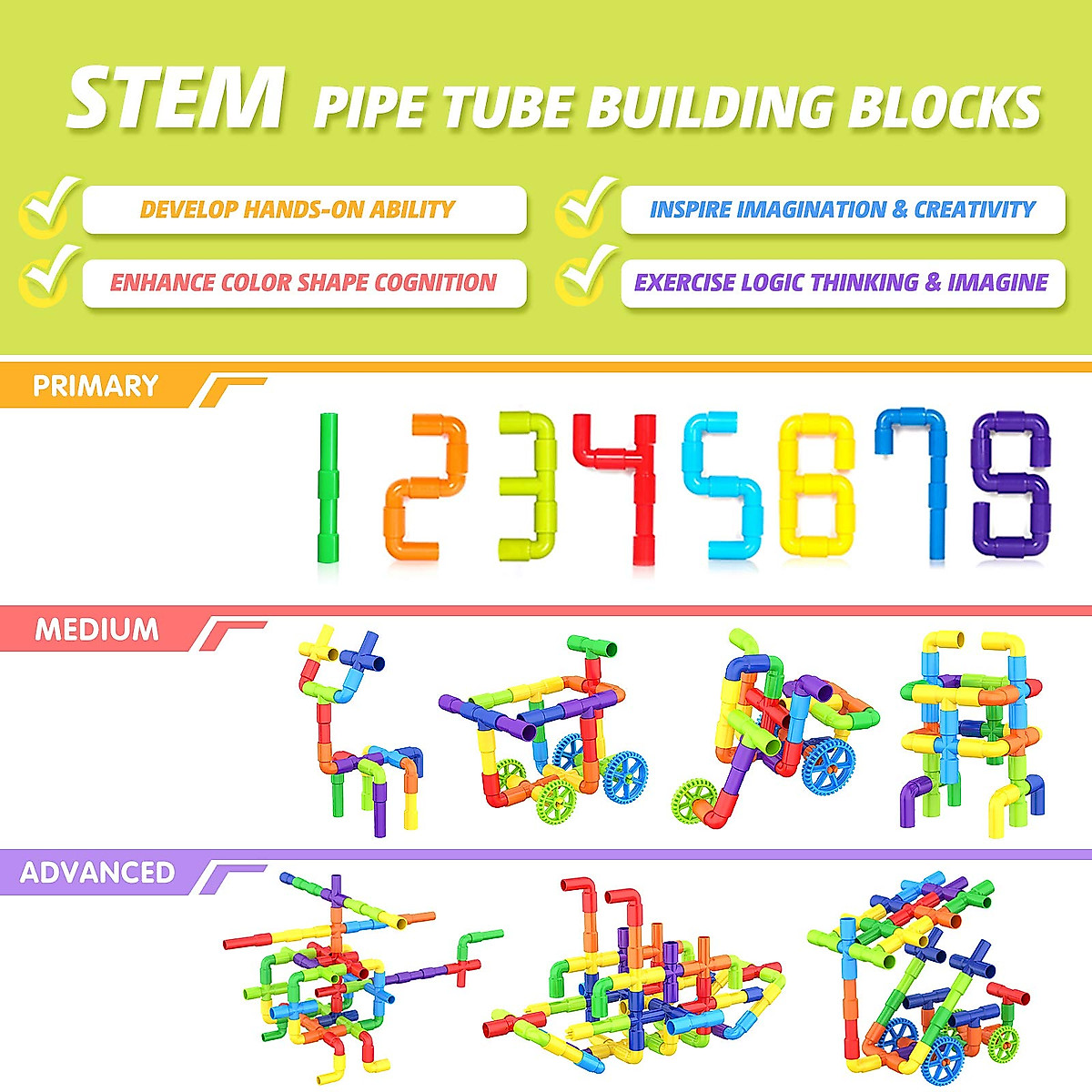 354 Pcs STEM Building Blocks Set Toy For Kid, Pipe Tube Sensory Toys with Wheels, Baseplate, Interlocking Storage Box, Kids Construction Building Blocks Educational Toy Gift For Toddler Boy Girl Child