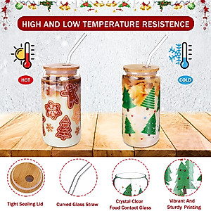 Mkhaslri 4Pcs Christmas Glass Cups with Lids and Straws,16oz Iced Coffee Cups with Lids Christmas Beer Drinking Glasses,Clear Cups Xmas Coffee Bar Accessories Gifts Home Decorations