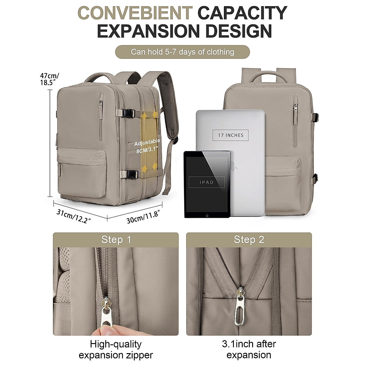 Large Travel Laptop Backpack, Expandable Flight Approved Backpack, Carry on Backpack for Women, Waterproof 17inch Laptop Hiking Backpack with Shoe Compartment, Grey Brown