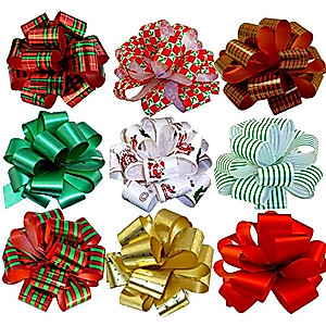 Christmas Gift Pull Bows - 5" Wide, Set of 9, Red, Green, Gold, Stripes, Swirls, Gift Bows, Christmas Presents, Birthday, Boxing Day, Hanukkah, Wreath, Swag, Christmas Tree, Fundraiser