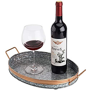 MyGift Rustic Galvanized Metal Decorative Tray with Copper Tone Rim and Handles, 16 Inch Oval Serving Tray - Handcrafted in India