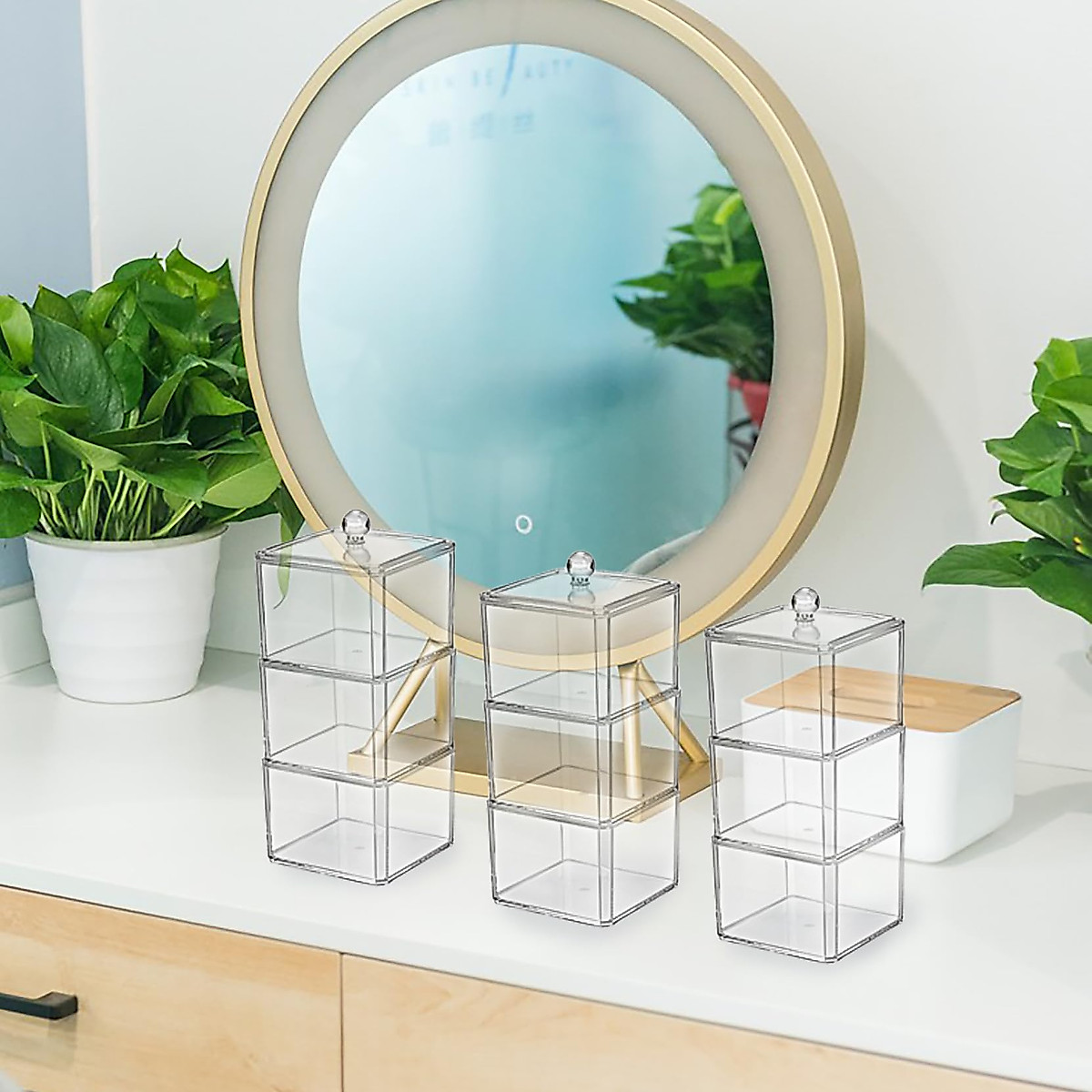 Hiceeden 9 Pieces Square Hair Accessories Organizer with Lid, Stackable Acrylic Bathroom Containers Cotton Ball Pad Qtip Holder, Clear Hair Tie Organizer Storage for Girls Bow Headband Jewelry