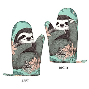 Animal Sloth Mint Green Printed Oven Mitts Heat Resistant Oven Gloves Non-Slip Silicone Kitchen Gloves for Cooking Baking BBQ Gloves 1 Pair