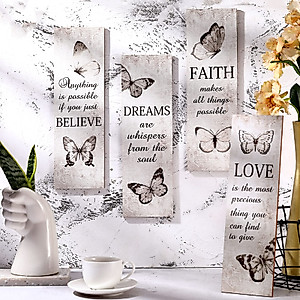Qunclay 4 Pcs Butterfly Inspirational Quote Wooden Sign Love Faith Believe Dream Wall Decor Wood Flower Room Rustic Encouragement Signs for Home Decor Wall Bathroom(11 x 4 Inch)