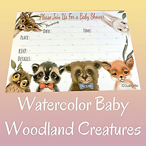 Baby Shower Invitations Woodland Creatures For Baby Boy or girl. Set Includes 25 Invites, 25 Baby Book Inserts, 25 Diaper Raffle & 25 Envelopes. Watercolor Design Bear, Racoon, Deer, Rabbit & Fox.