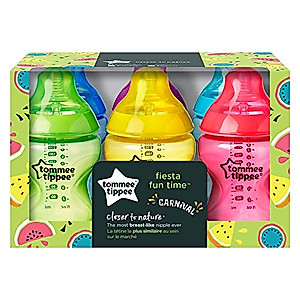 Tommee Tippee Closer To Nature Baby Bottles, Fiesta Collection Slow Flow Breast-Like Nipple With Anti-Colic Valve (9oz, 6 Count)
