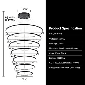 ROYAL PEARL Led Chandeliers Modern 7 Rings Black Chandeliers Large High Ceiling Chandelier Contemporary Foyer Chandelier for Dining Room Living Room Staircase Entryway, 3000K 4000K 6000K