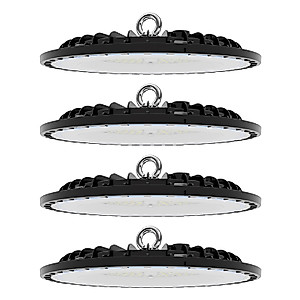 Sumkea 4 Pack 200W UFO LED High Bay Light, High Bay LED Shop Light Fixture 3000-6500K, 28,000lm, with 5' Cable US Plug, Safe Rope, Commercial Bay Lighting for Barn Factory Warehouse Church - Black