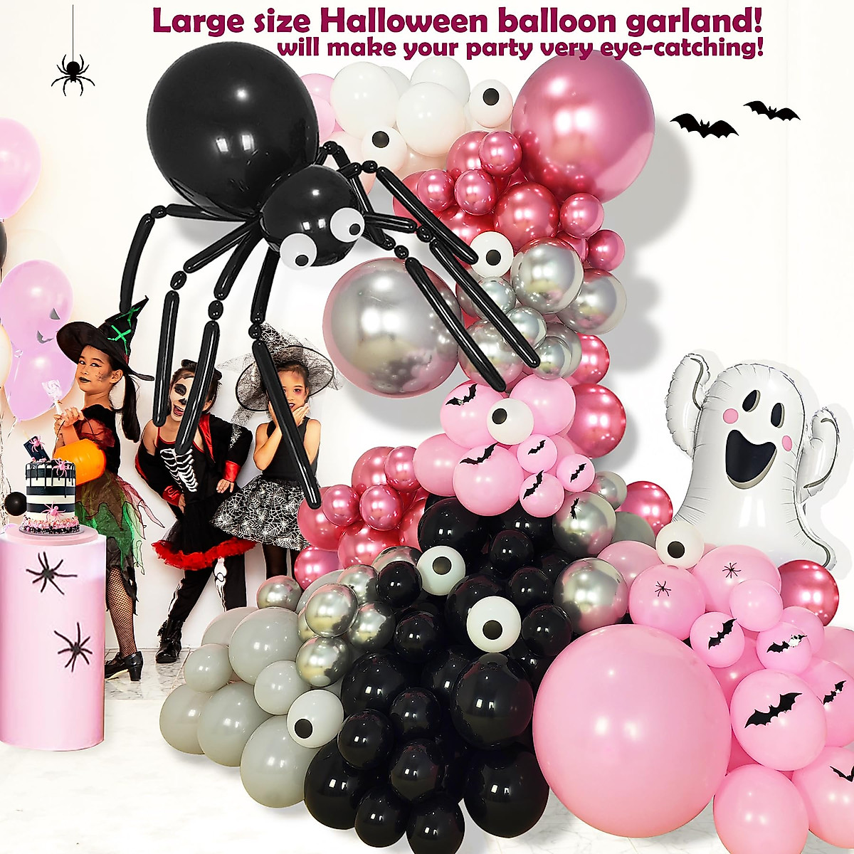 YJDFWAUT 185pcs Black Pink Halloween Balloon Garland Arch Kit, Pink Halloween Decorations Party Supplies for Girl, Large Size Halloween Balloon Garland, Foil Balloon, 3D Bat Stickers
