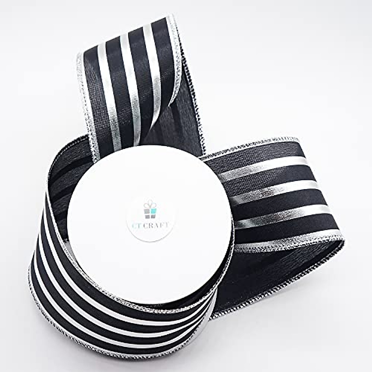 CT CRAFT LLC Black Satin with Silver Stripe Wired Ribbon - 2.5" x 10 Yards for Christmas Home Decor, Gift Wrapping, Bow Making, Wreath, DIY Crafts