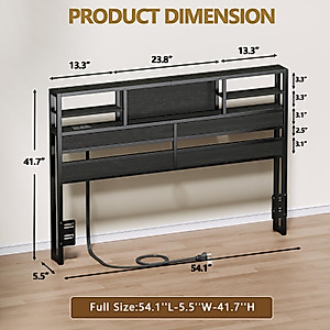 Furnulem Headboard Full Size with 3-Tier Shelf, Bookcase Storage Head Board with RGB LED Light and Charging Station,2 Outlets and 2 USB Ports,Black Wood Storage Cubbies & Metal Frame,Adjustable Height