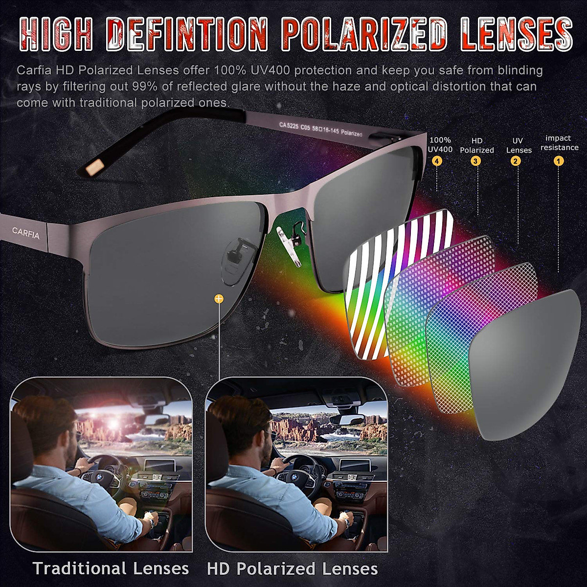 CARFIA Metal Mens Sunglasses Polarized UV400 Protection for Driving Fishing Hiking Golf Everyday Use