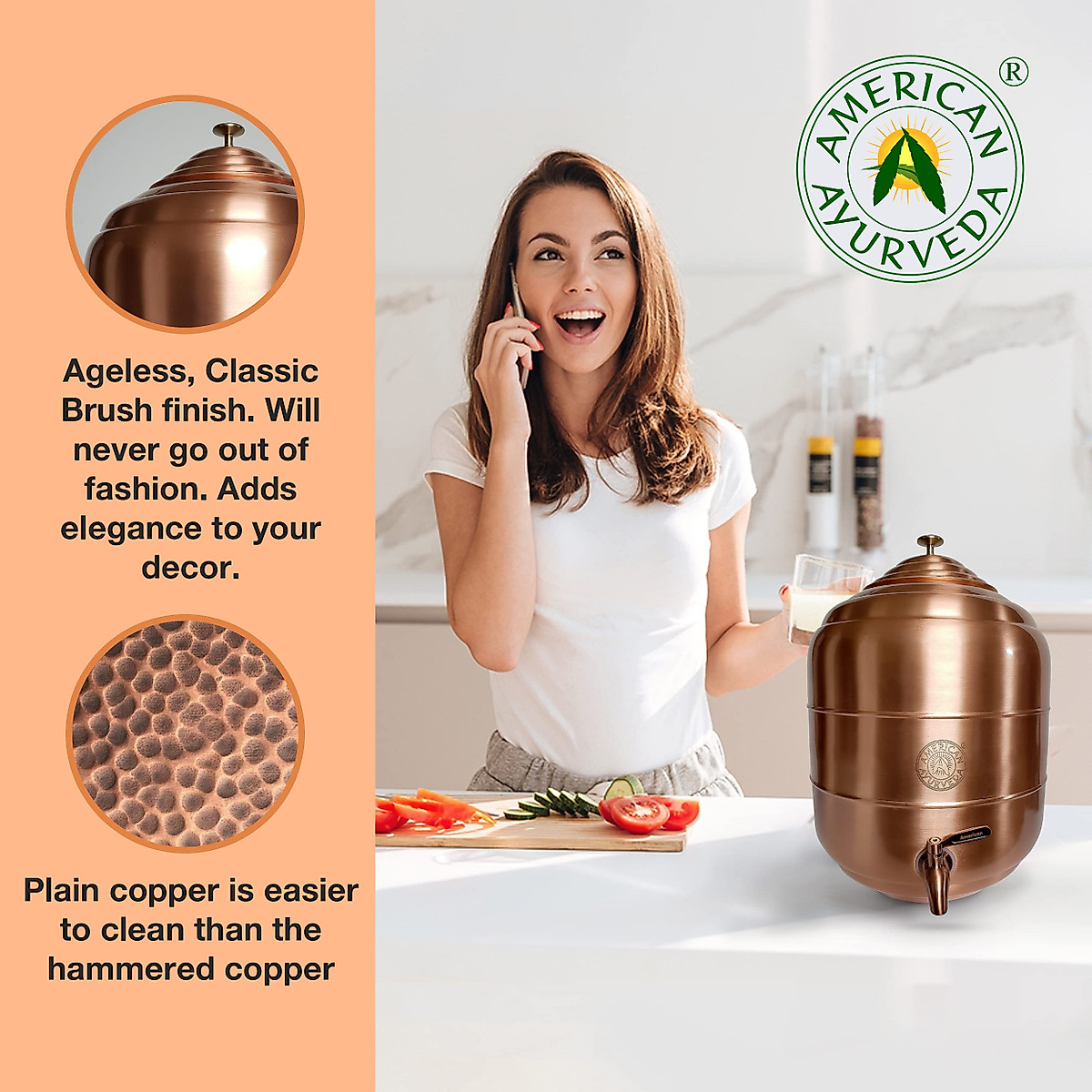 American Ayurveda Countertop 100% Pure Copper 5 Gallon Dispenser Storage Tank Pot With Stainless Steel Faucet and Lid Kitchen Home Health Yoga Meditation