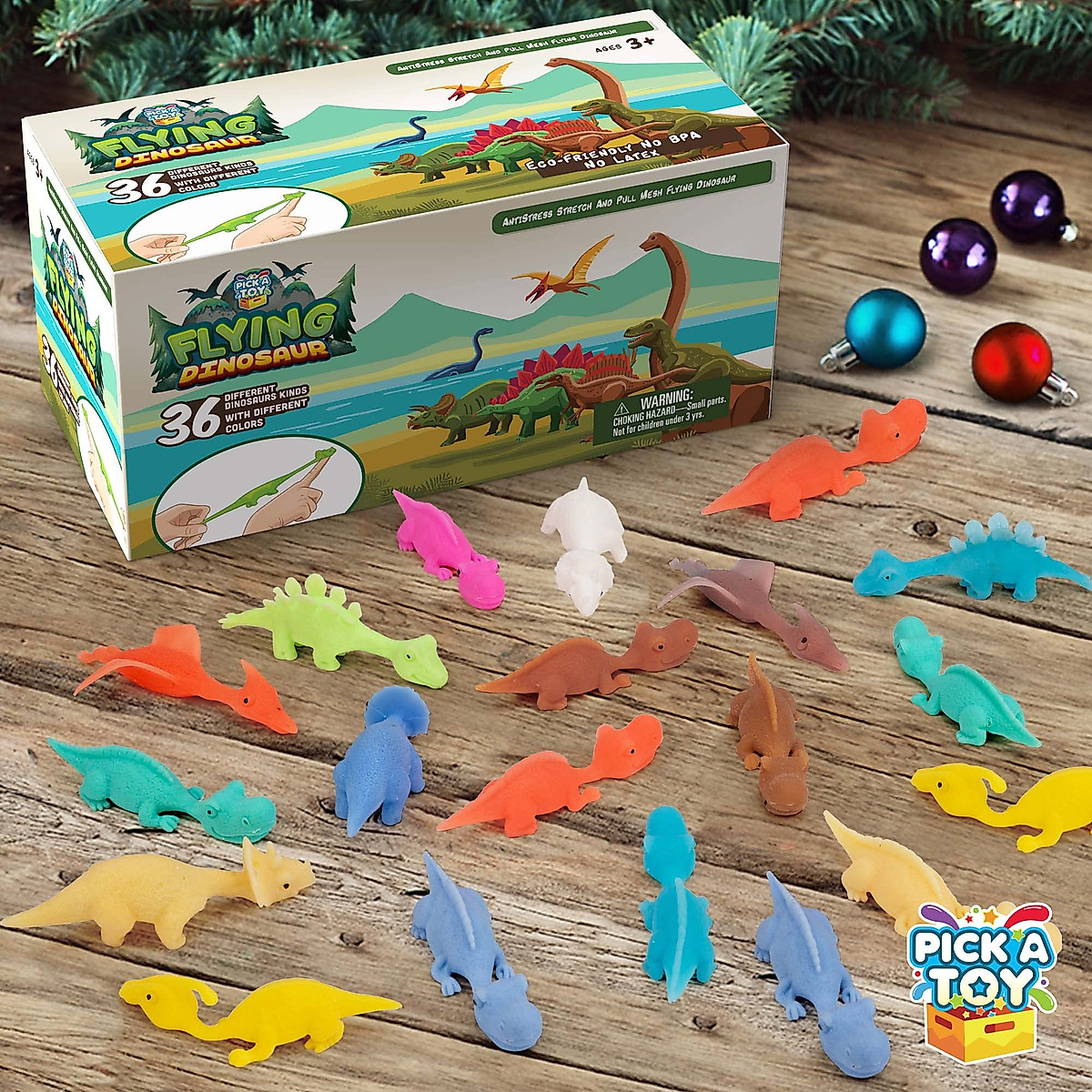 PICK A TOY Stretchy Slingshot Dinosaur Finger Toys, 36 Set Mini Rubber Dinosaurs Party Favors, Kids Prizes and Stocking Stuffer Toy, Finger Flingers Catapult Toys As Flying Chicken Slingshot