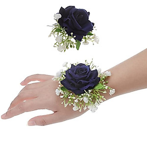 Corsage and Boutonniere Set,2PCS Artificial Rose Wrist Corsage Wristlet,for Wedding Bridal Bridesmaid Wrist Corsage Corsage Ball Decoration (Dark Blue)