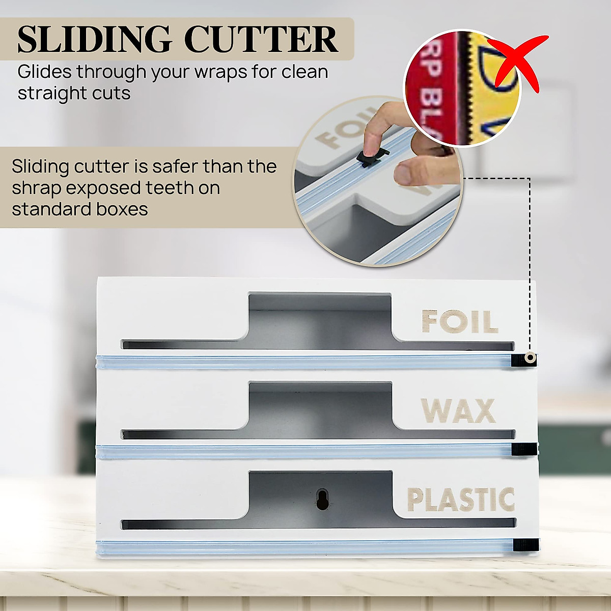 The Luxe Union 3-in-1 Wax, Foil, and Plastic Wrap Dispenser with Cutters, Drawer and Countertop Organizer for Cling, Film, and Parchment Paper, Pre-Labeled Organization, Bamboo Holder